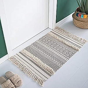 Seavish Accent Cotton Area Rug,2X3 Boho Bath Rug Aesthetic Hand Woven Farmhouse Throw Rug Shag Tufted Tassel Small Rug for Living Room Bedroom Bathroom Kitchen Dorm