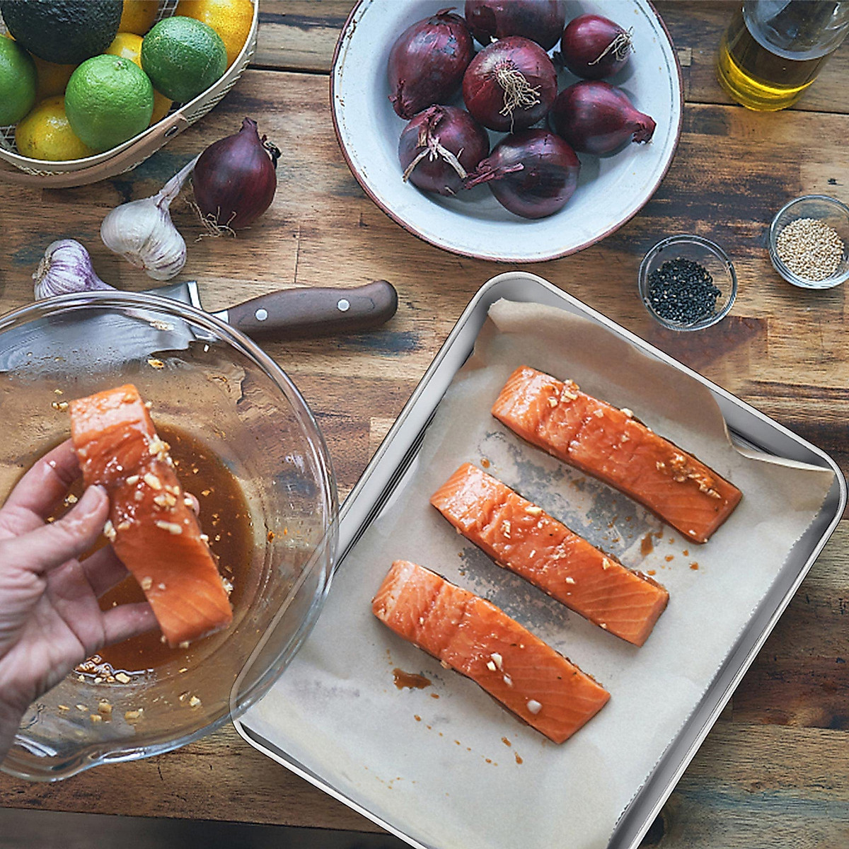TeamFar Lasagna Pan(3 Pan & 3 Lids), 12⅖” & 10¼” & 9⅖” Cake Pan with Lids, Rectangular Baking Pan Stainless Steel Bakeware Set for Lasagna Cake Brownie, Healthy & Sturdy, Dishwasher Safe