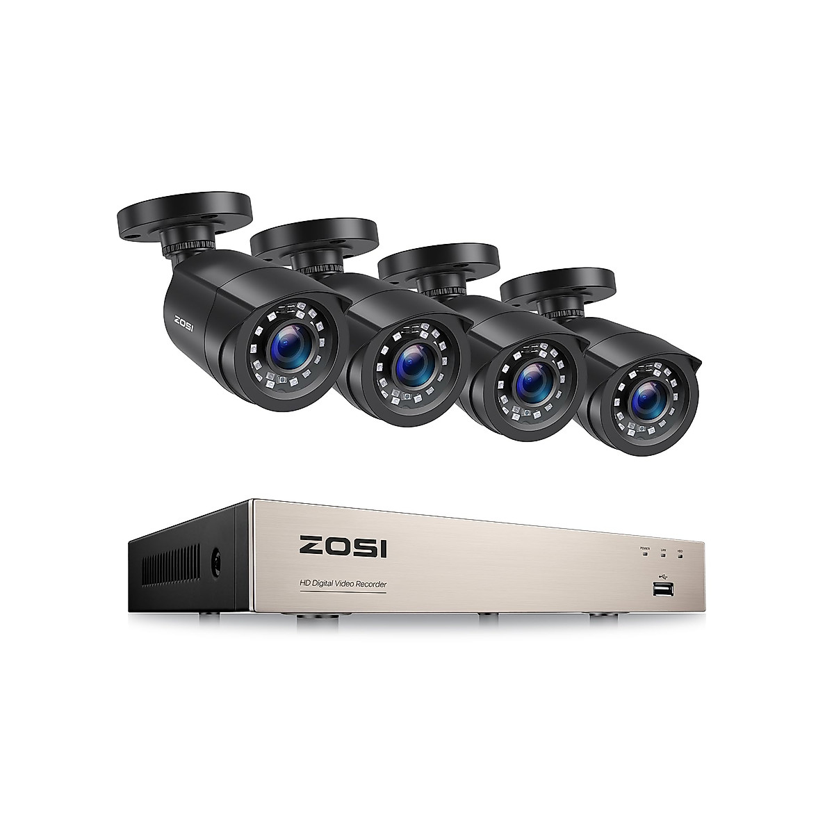 ZOSI H.265+ Home Security Camera System Outdoor Indoor, 8 Channel 5MP-Lite CCTV DVR Recorder and 4pcs Weatherproof Surveillance Bullet Camera,Night Vision,Remote Access,Motion Alerts (No HDD)