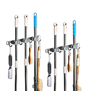 Broom Mop Holder Heavy Duty Wall Mount Stainless Steel Wall Mounted Storage Organizer Tools Hanger with 3 Racks 4 Hooks for Lanudry Garage Kitchen Bathroom Closet Office Garden (2 PCS)