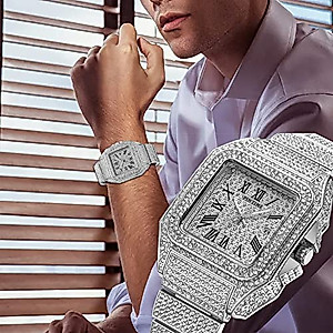 PINTIME Mens Full Iced Out 43mm Big Face Bling Luxury Crystal Square Watches Fashion Hip Hop Jewelry Watch for Men