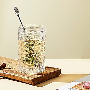 ZOOFOX Set of 6 Vintage Drinking Glasses, 12 oz Clear Hobnail Glasses Tumbler, Embossed Design Glassware for Beverages, Water, Juice, Beer, Cocktail, Whiskey and Milk