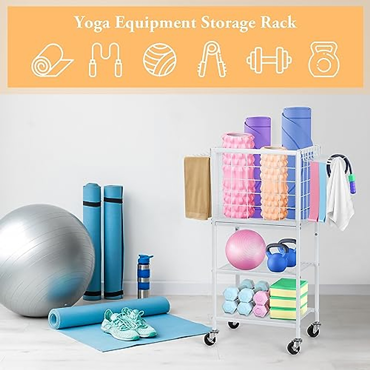Home Gym Storage Rack, Workout Equipment Storage, Weight Rack for Dumbbells, Yoga Mat Storage Rack, Exercise Equipment Storage with Hooks Gym Organizers with Wheels for Yoga Block, Resistance Band, White