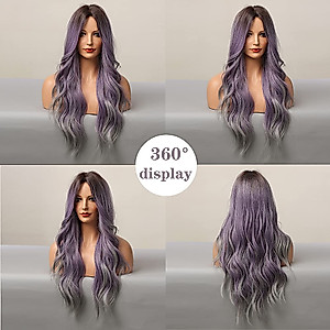 YUSHU Long Purple Wigs for Women Long Wavy Ombre Middle Part Colored Heat Resistant Synthetic Wig for Daily Party Use Cosplay(Ombre Purple, 26 Inch)