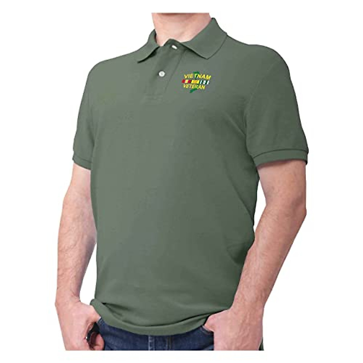 Vietnam Veteran Embroidered Polo Shirt with Service Ribbon and Map (Green, XX-Large)