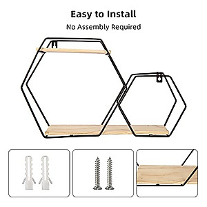 ShiningLove Wall Mount Hexagonal Floating Shelves, Metal Framed Gold Shelves with Wooden Floor, Simple Wood Partition Storage Shelves for Bedroom, Living Room, Kitchen and Office Black