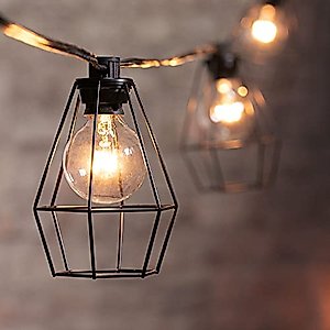 Outdoor Lantern String Lights Cafe Lights 20Feet with 12 Clear G40 Bulbs and Vintage Metal Lamp Shades, Indoor Outdoor Lights for Patio Yard Decor Garden Gazebo Backyard Hanging Decorations, Black