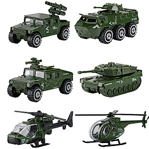 Hautton Diecast Military Toy Vehicles, 6 Pack Alloy Metal Army Toys Model Cars Playset Tank, Panzer, Attack Helicopter, Anti-air Vehicle, Scout Helicopter Gift for Kids Boys Toddlers