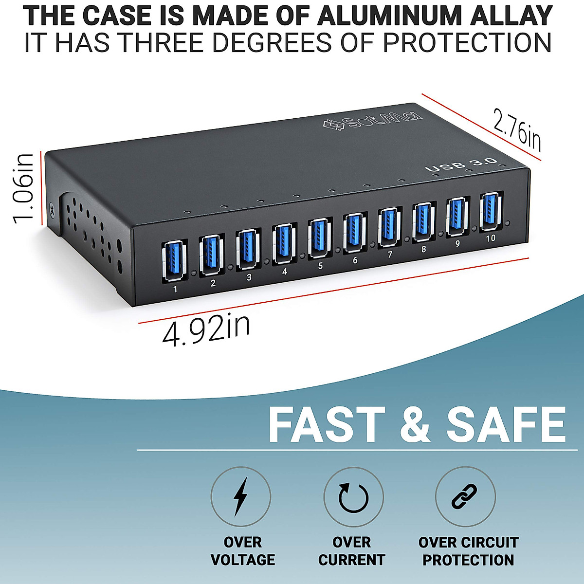 USB 10 Port Hub - Powered USB 3.0 Hub - Aluminum USB Data HUB Splitter 12V 5A 60W Power Adapter Extension for Mouse, Keyboard, HDD or More USB Devices
