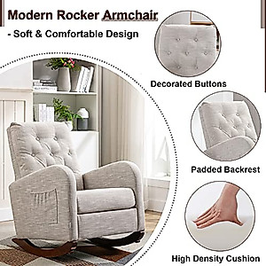 Modern Accent Rocking Chair, Upholstered Nursery Glider Rocker for Baby and Kids, Comfy Armchair with Side Pocket, Living Room Lounge Arm Chair, High Backrest with Decorative Buttons, Light Grey