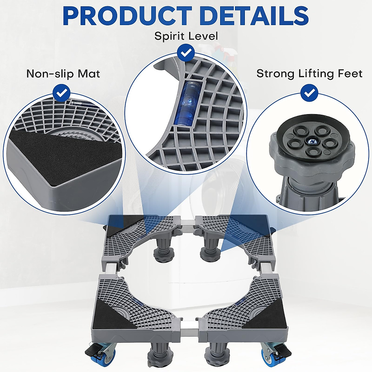 MYFULLY Adjustable Movable Furniture Dolly Roller Base with 4×2 Locking Rubber Swivel Wheels and 4 Strong Feet, Multi-Functional Mobile Stand for Dryer, Washing Machine and Refrigerator (Grey)