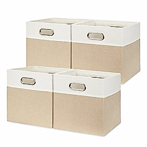 Temary 11 Inch Cube Storage Bins 4 Pack Fabric Storage Cubes Decorative Storage Baskets with Handles, Closet Storage Bins for Cube Organizer, Collapsible Bins for Home, Nursery (White&Khaki)