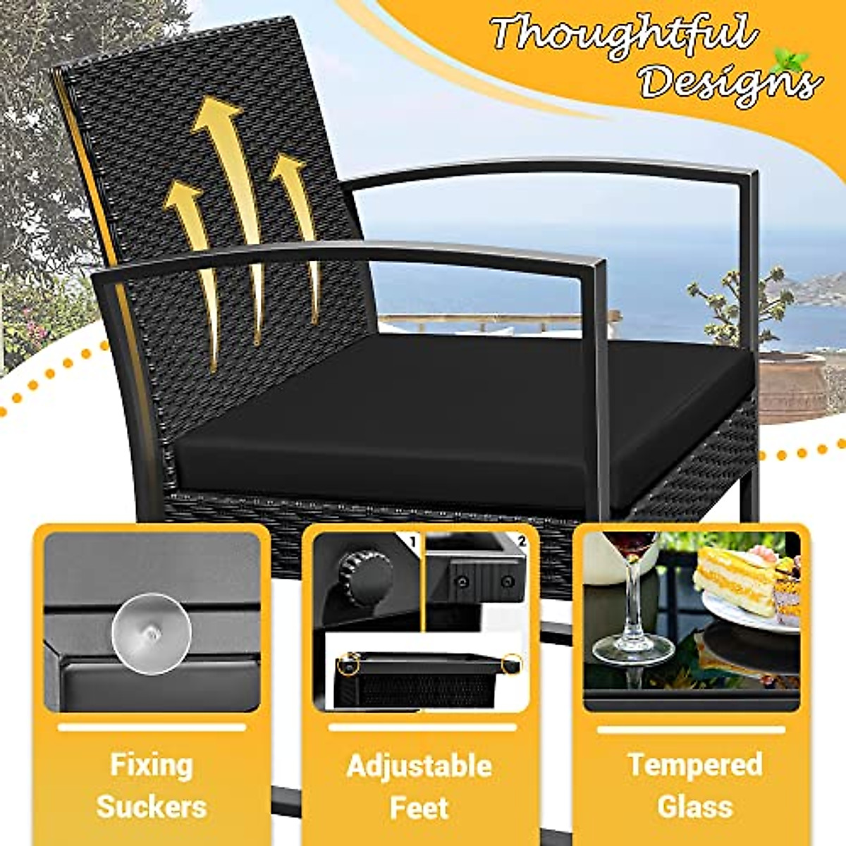 JUMMICO Patio Chairs 3 Piece Outdoor Furniture with All Weather Plastic Seat & Metal Frame Patio Conversation Set for Porch, Balcony, Poolside (Black)