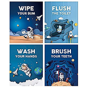 FALJIOK Funny Bathroom Outer Space Planet Wall Art Prints Decor, Bathroom Sign Brush Wash Brush, Bathroom Gift for Kids Son Brother Grandson Set of 4 (8”X10”) Unframed