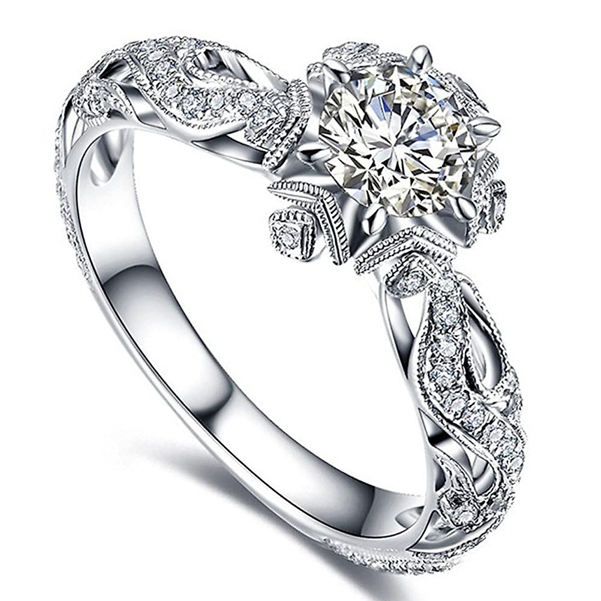 925 Sterling Silver Shiny Full Diamond Ring Cubic Zirconia Flower Ring CZ Diamond Ring Personality Ring for Women Luxury and Delicate Female Style Wedding Engagement Princess Ring Jewelry (US Code 8)