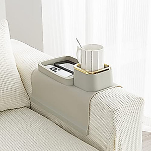 Couch Cup Holder Tray, Elimiko Silicone Anti-Spill and Anti-Slip Couch Drink Holder, Strong and Weighted Phone/Remote/Snacks Sofa Cup Holder, Gifts for Mom, Dad, Husband, Grandma, Grandpa (Griege)