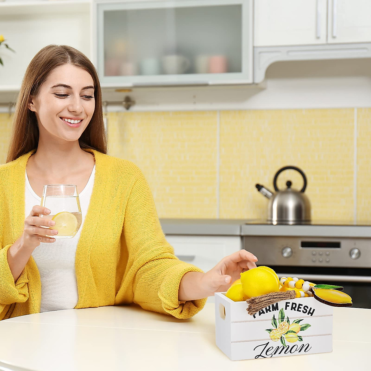 Qunclay Lemon Mini Crate Summer Tiered Tray Decor with 8 Faux Lemons with Wood Bead Tassel Farmhouse Lemonade Kitchen Decorations Summertime Wood Crate for Party Decor