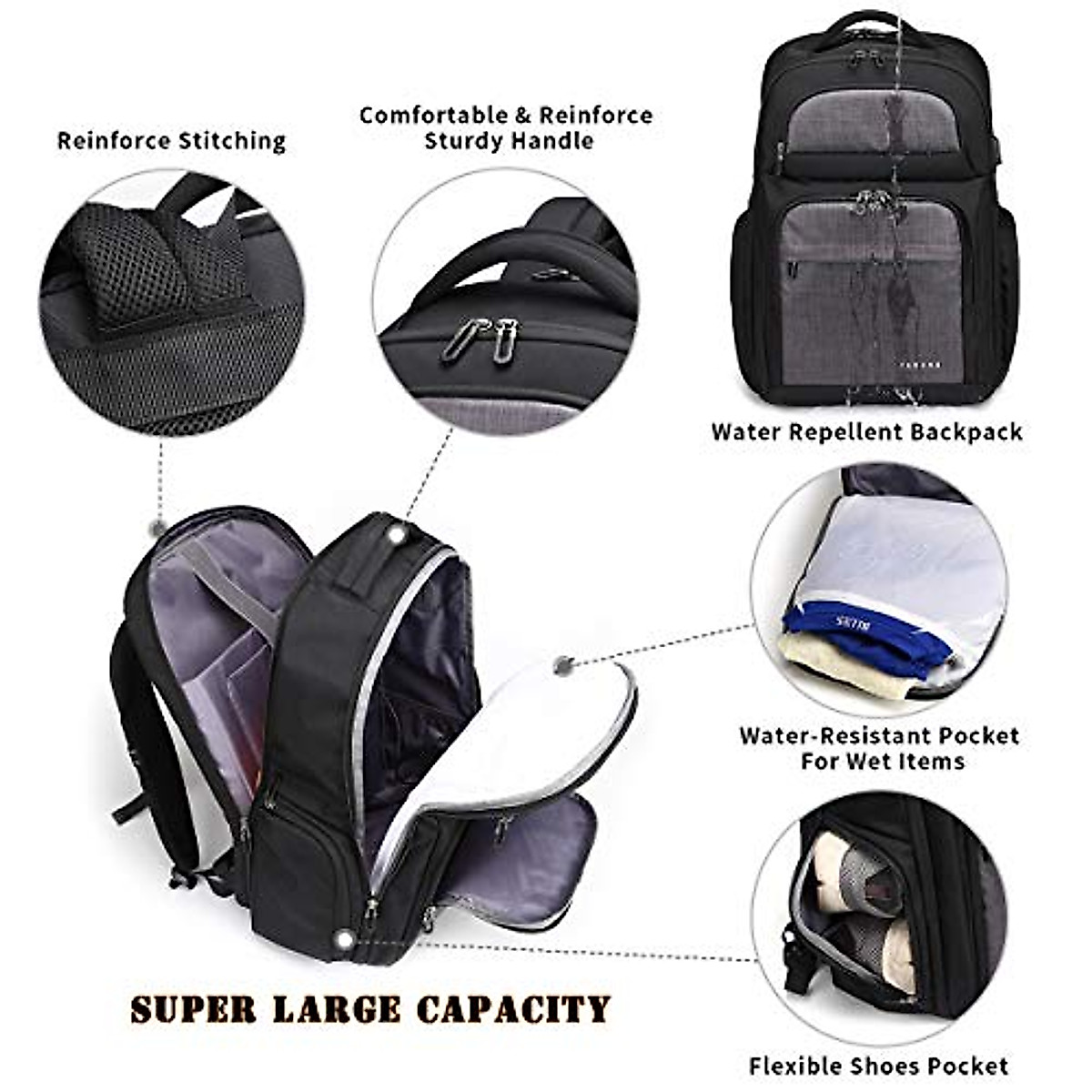 TUDEQU Travel Laptop Backpack,Anti Theft Extra Large Computer Bag with WET Pocket USB Charging Port,Water Resistant TSA Business Computer Backpack for Men Women Fits 17 Inch Laptop and Notebook