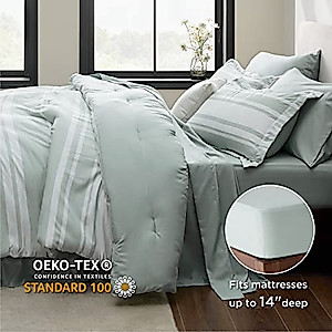 Bedsure Bed in a Bag Queen Size 7 Pieces, Sage Green White Striped Bedding Comforter Sets All Season Bed Set, 2 Pillow Shams, Flat Sheet, Fitted Sheet and 2 Pillowcases