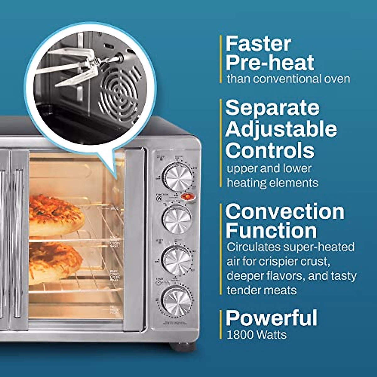 Elite Gourmet ETO4510B# French Door 47.5Qt, 18-Slice Convection Oven 4-Control Knobs, Bake Broil Toast Rotisserie Keep Warm, Includes 2 x 14" Pizza Racks, Stainless Steel