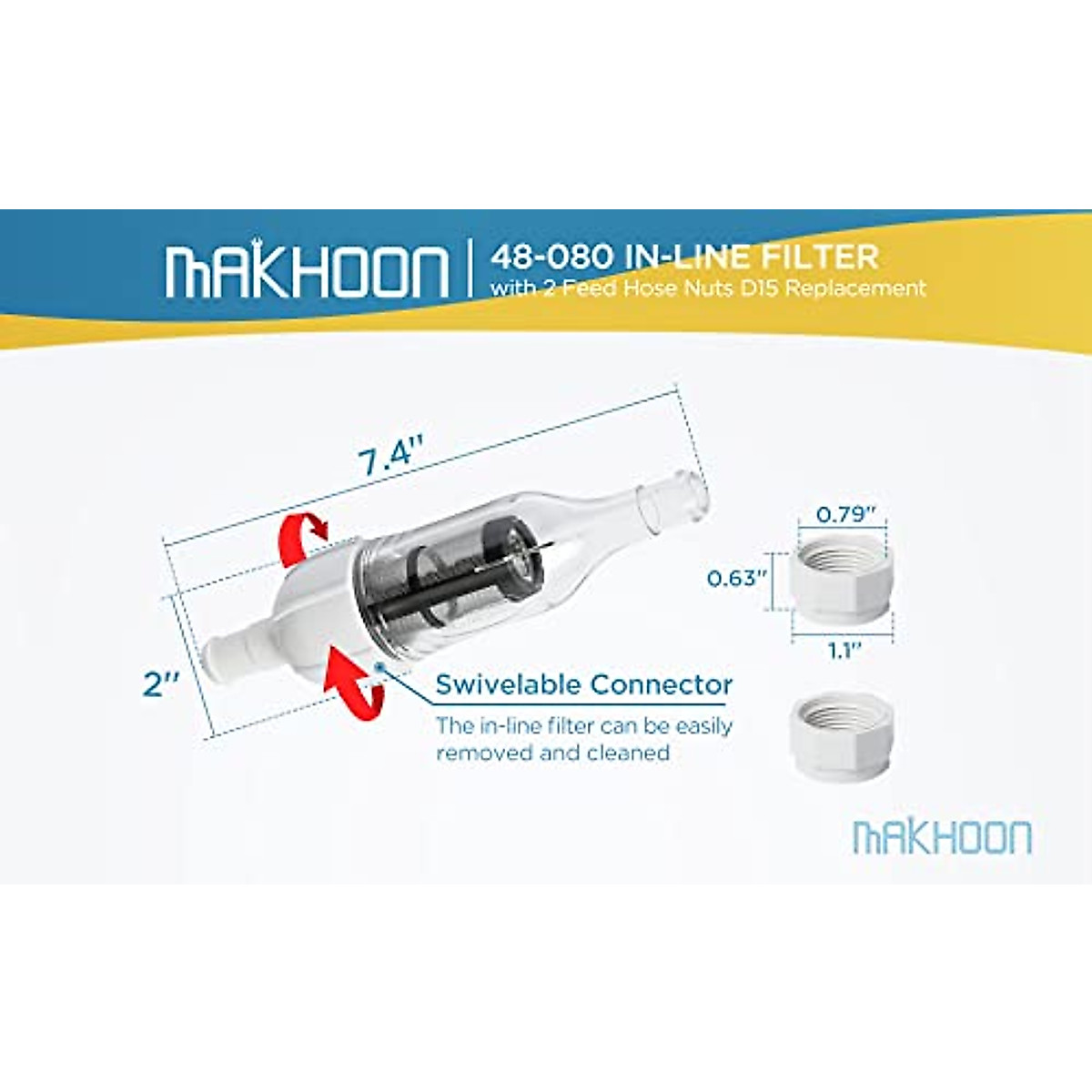 MAKHOON Pool Cleaner Assembly 48-080 with 2 Feed Hose Nuts D15 Replacement Compatible with Polaris Zodiac 48-080 in-Line Filter and Replace Universal Wall Fitting (UWF) Filter Screen 6-504-00 (1)
