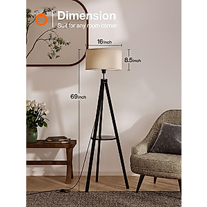addlon Tripod Floor lamp with Remote, Floor Lamps for Living Room, Standing Wood lamp with Shelf, mid Century lamp with LED Bulb for Bedroom, Office (Stepless Brightness, Multiple CCT)- Black
