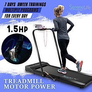 SereneLife Folding Treadmill Exercise Running Machine, Under Desk Storage, Electric Motorized with16 Pre-Set Program, Bluetooth Integration, Home Gym/Office, Walking or Jogging, 265lbs Capacity