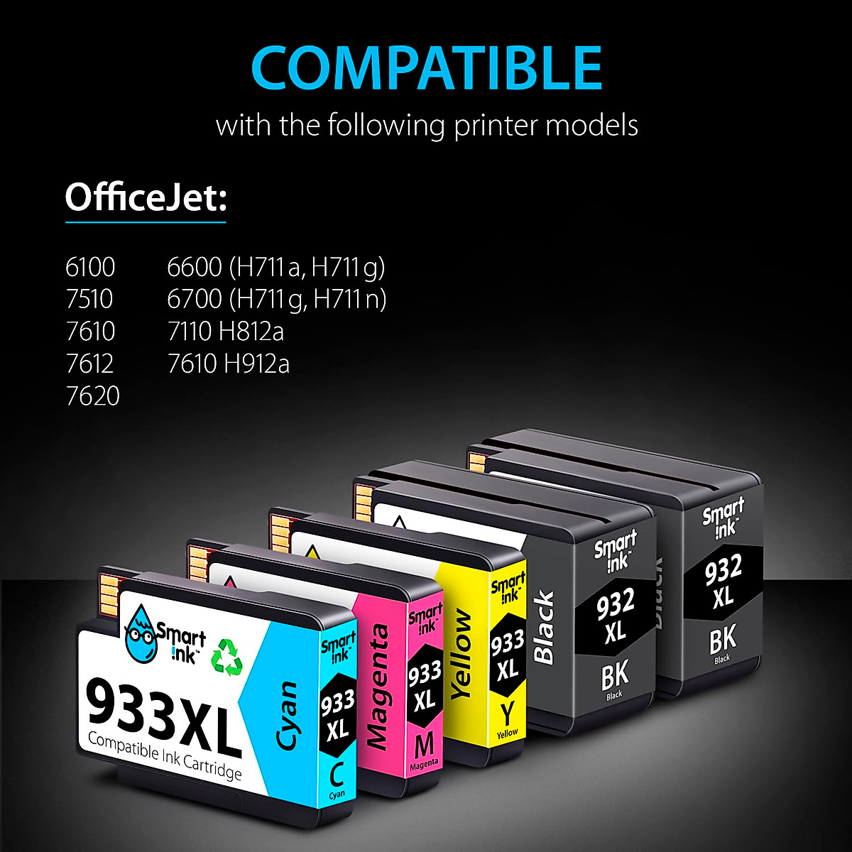 Smart Ink Compatible Ink Cartridge Replacement for HP 932XL 933XL 932 XL 933 (5 Pack Combo) to use with HP Officejet 6600 6100 6700 7510 7610 7612 7510 Printers (2 Black XL, Cyan, Magenta, Yellow)