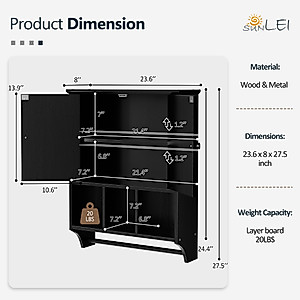 SUNLEI Bathroom Cabinet Wall Medicine Mount for Storage Over Toilet Mounted Kitchen Small Hanging Laundry Room 3 Open Shelves Above with Doors Sink Shelf Towel Bar Black