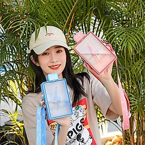 YunQin 450ML Creative Summer Plastic Cup, Outdoor Convenient Large Capacity Rectangular Juice Cup for Girls, Cute Lightning Water Bottle (Pink)