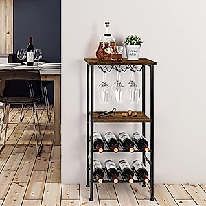 Vrisa Wine Rack Freestanding Floor 8 Bottles Wine Rack with 9 Glass Holder Metal Wine Storage with Wood Table Top for Home Kitchen Dining Room Cellar Rustic Brown
