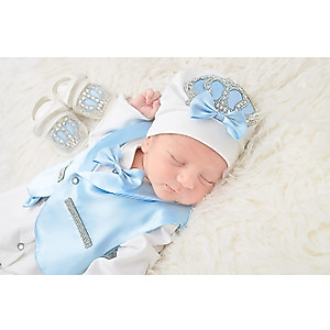 Lilax Baby Boy Jewels Crown Tuxedo Outfit Layette 5 Piece Gift Set 0-3 Months Blue