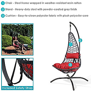Sunnydaze Phoebe Hanging Lounge Chair with Stand and Seat Cushions - Resin Wicker Outdoor Basket Swing Chair with Steel Frame for Patio, Porch, Balcony, Backyard and Garden - 79-Inch - Red