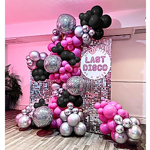 Enanal Disco Balloon Garland Arch Kit, Hot Pink Black Chrome Silver Balloon with Disco Ball Exploding Star Foil Balloons for Disco Bachelorette Party Princess Birthday 8090 Themed Party Decor (Disco)
