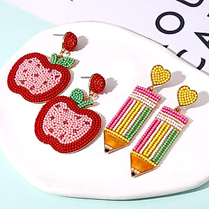 2/3Pairs Teacher Earrings for Women Beaded Pencil Dangle Earrings Statement Apple Book Drop Earrings Teacher Appreciation Gifts Back To School Jewelry Set (2 Pairs 4)