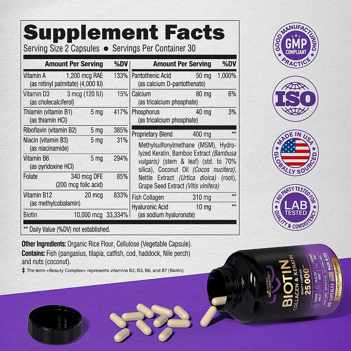 Biotin | Collagen | Keratin | Hyaluronic Acid - Hair Growth Support Supplement | Skin & Nails Beauty Complex 25000 mcg - B1 | B2 | B3 | B6 | B7 - Made in USA - For Women & Men | 60 Capsules