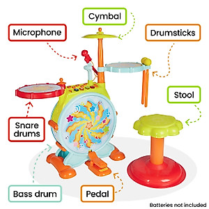Prextex Kids Drum Set - Toddler Drum Set Includes Toy Microphone, Adjustable Sound Bass, Electric Drums & Drum Sticks (for Ages 3-6)