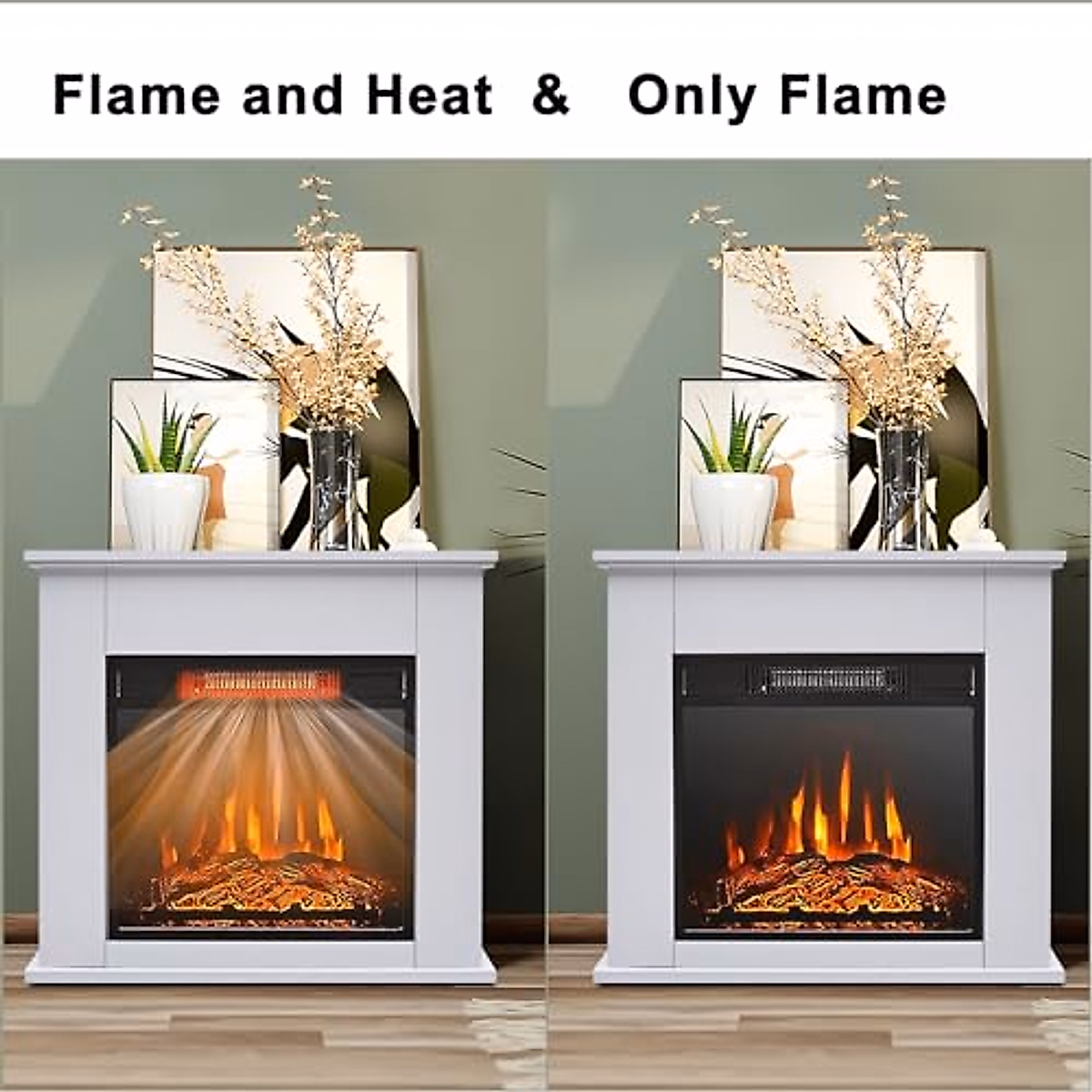 25 Inch 1400W Electric Fireplace Mantel Stove Heater, Portable Freestanding Space Heater with Overheating Safety Protection, Remote Control and Realistic Flames for Indoor & Outdoor（White）