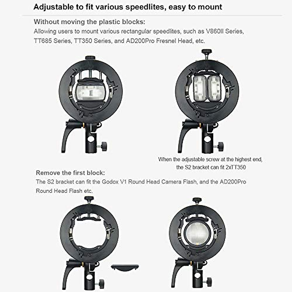 Godox S2 Speedlite S-Type Bracket Bowens Mount Flash Holder for Godox V1 AD200Pro AD400Pro AD200 and Other Flashes, Precise Tilt Control, Large Handle, Integrated Umbrella Mount