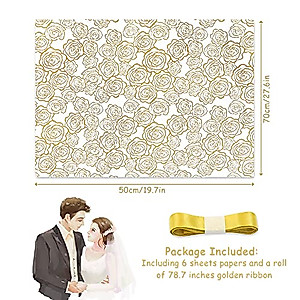 Gift Wrapping Paper, Golden Rose Pattern in White Art Paper with 1 Roll Gold Ribbon, for Weddings, Mother's Day, Birthdays, Baby Showers, Bridal Showers, Valentine's Day or Any Occasion(6 Sheets)