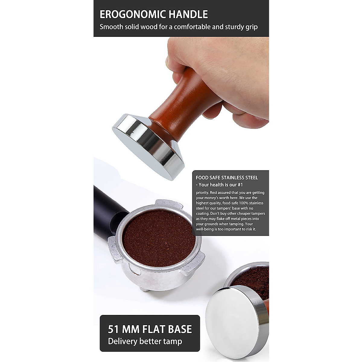 51mm Espresso Tamper-Premium Barista Coffee Tamper Coffee Tamper Classic Series Stainless Steel Espresso Tamper Coffee Press Tool Tamper Espresso Handle, 90x51mm, Solid wood, Stainless steel
