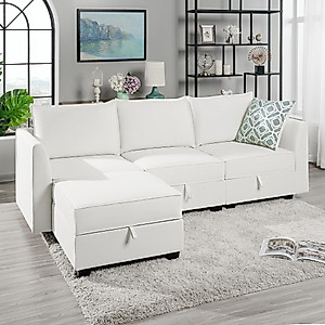Naomi Home Elizabeth Modular Sectional Sofa with Storage L Shaped Modular Sofa 4-Seater Sectional Couch for Living Room, White Down, Linen