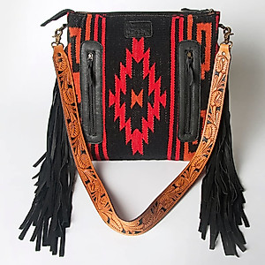 American Darling Large Leather Fringe Crossbody Bag Vintage Quilted Saddle Blanket Western Handbags Cowhide Handmade Shoulder Handbag Hand-Carved Strap ADBGZ555