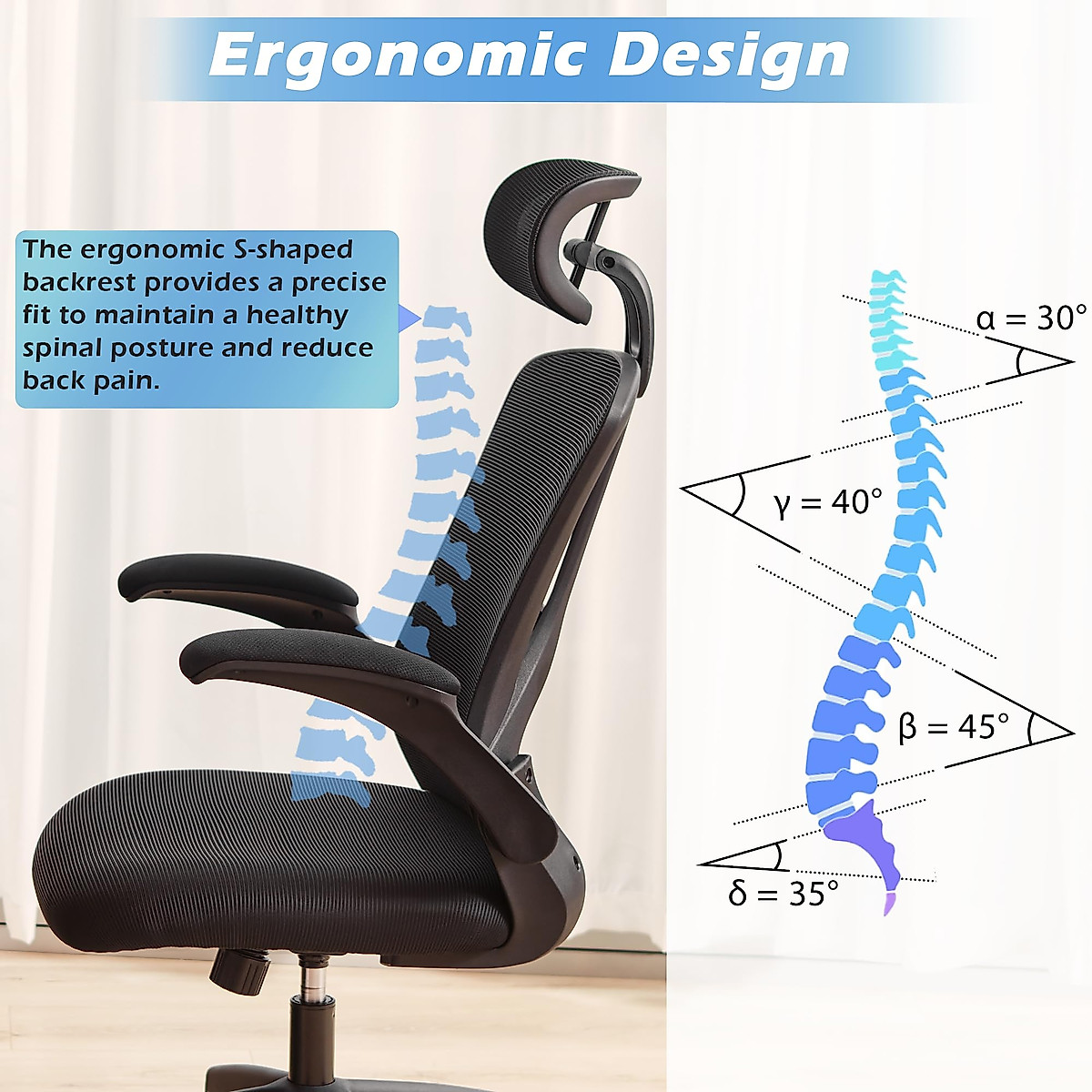 PrimeZone Ergonomic Office Desk Chair - Computer Chair with Adjustable Flip-Up Armrests, Lumbar Support, Headrest & Tilt Function, Comfortable Task Chair for Work Study, 350 lbs Capacity, Black
