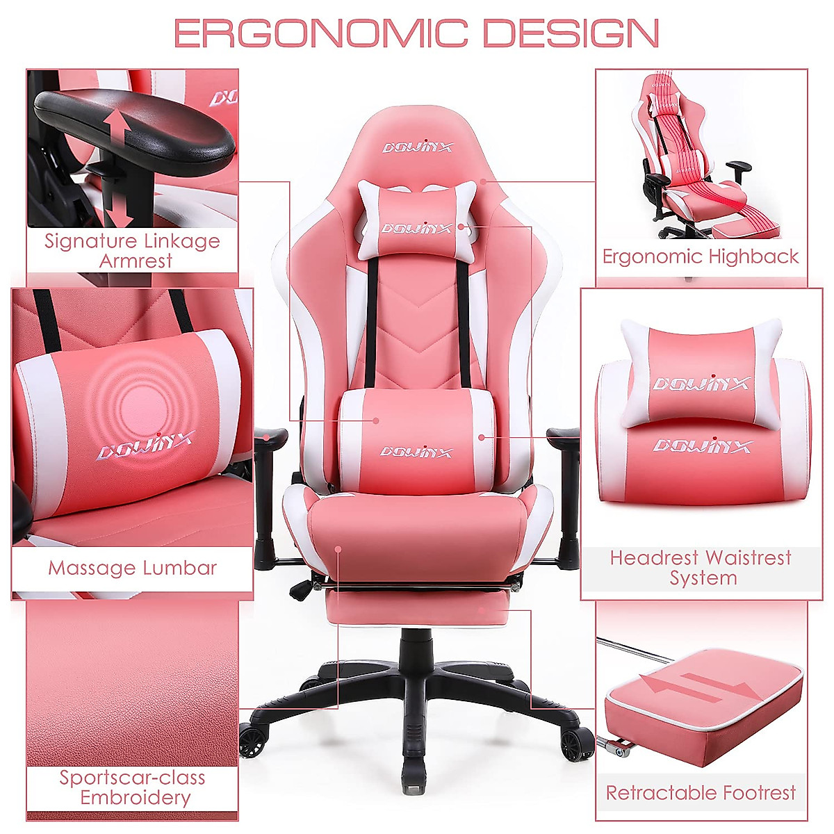 Dowinx Gaming Chair with Footrest Ergonomic Racing Style Recliner with Massage Lumbar Support, Office Armchair for Computer PU Leather E-Sports Gamer Chair High Back Pink