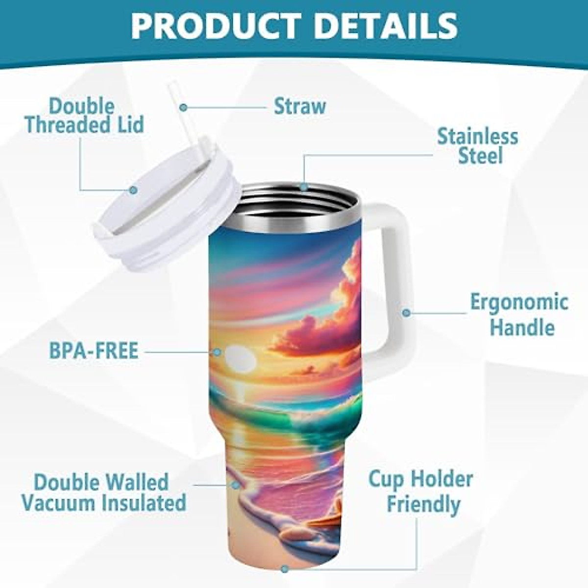 Jihqo Sandy Beach Colorful Sunset 40 oz Stainless Steel Vacuum Insulated Tumbler with Handle and Straw Lid, Leakproof Water Bottle Double Wall Travel Mug Coffee Cup, Cupholder Friendly