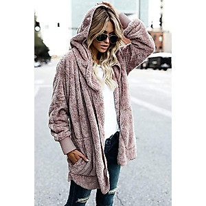Zilcremo Women Hooded Cardigan Fuzzy Jacket Winter Open Front Fleece Coat Outwear with Pockets Purplish Brown XL