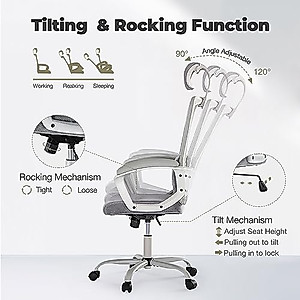 JHK Ergonomic Home Mesh Swivel Rolling Office Desk Computer Chair with Adjustable Headrest, Soft PU Armrest, Lumbar Support and Rocking Function, 18.11" D x 19.49" W x 43.5" H, Grey