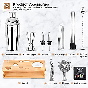 Bartender Kit Cocktail Shaker Set with Stand Bar Tool Bar Set for Drink Mixing Home Bartending Kit 11-Piece Bar Cart Accessories: Martini Shaker, Mixer Spoon, Jigger, Muddler, Strainer & Recipes Gifts