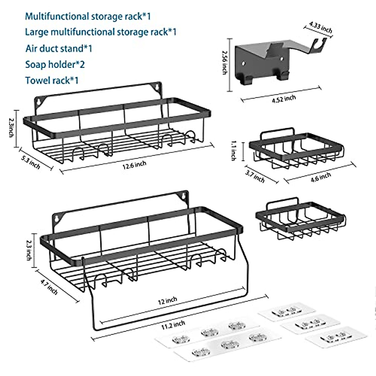 AucrBoa 6 Pack Shower Caddy Bathroom Shelf with Hair Dryer Holder, and Towel bar and Soap Dishes, No Drilling Traceless Adhesive Wall Mounted Bathroom Storage Organizer Basket with Hooks,Black